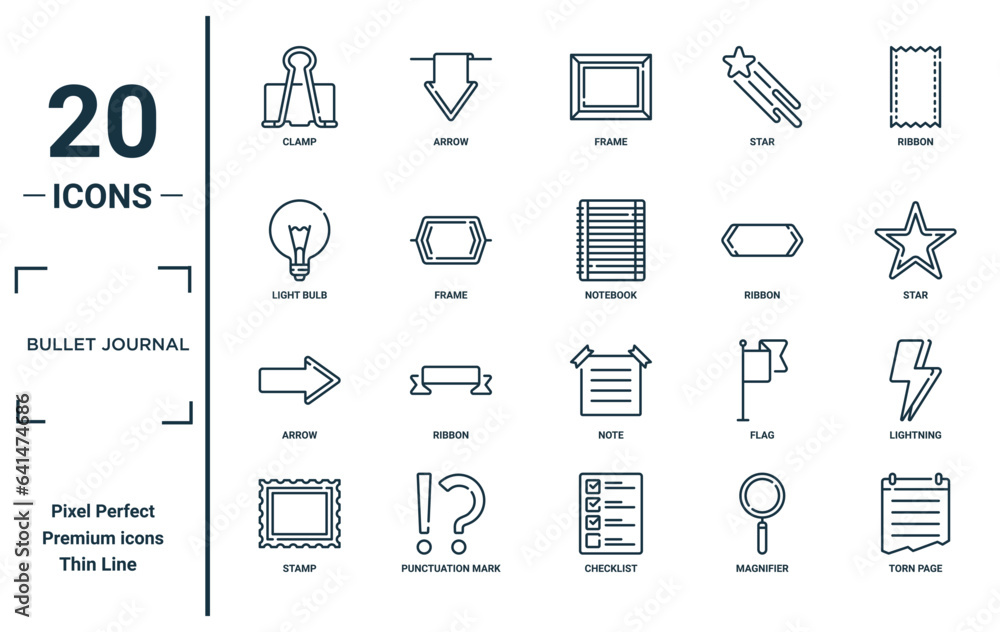 bullet journal linear icon set. includes thin line clamp, light bulb ...