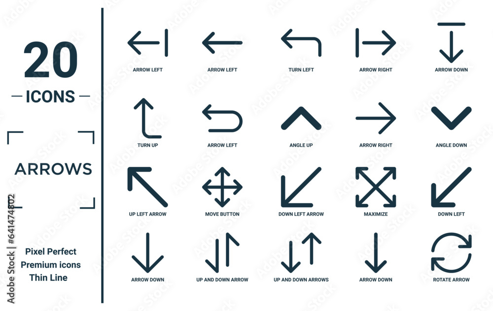 arrows linear icon set. includes thin line arrow left, turn up, up left ...