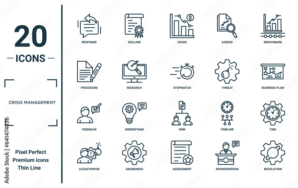 Vetor de crisis management linear icon set. includes thin line response, procedure, feedback ...