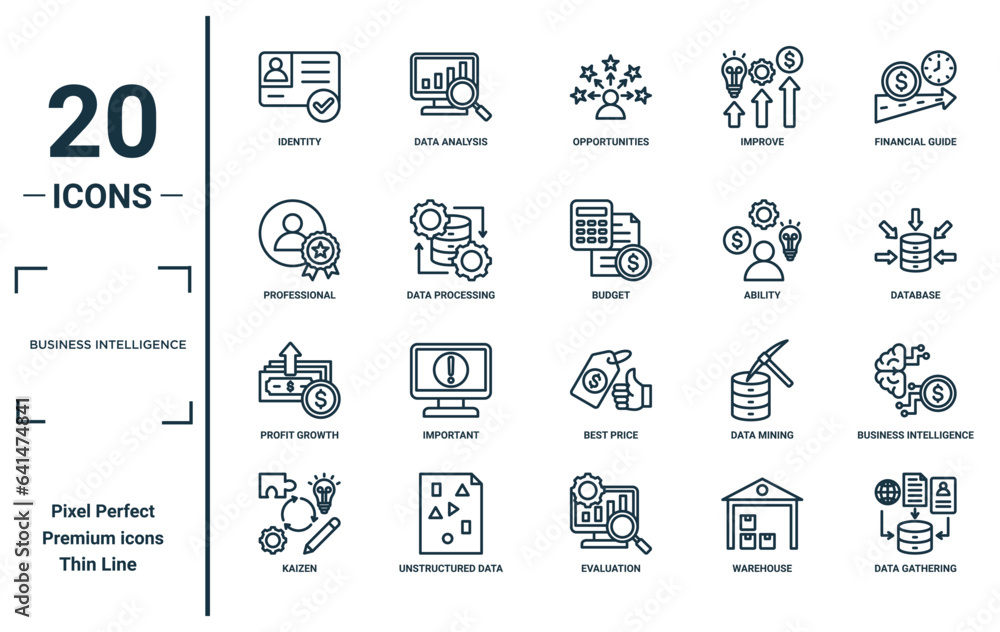 business intelligence linear icon set. includes thin line identity ...