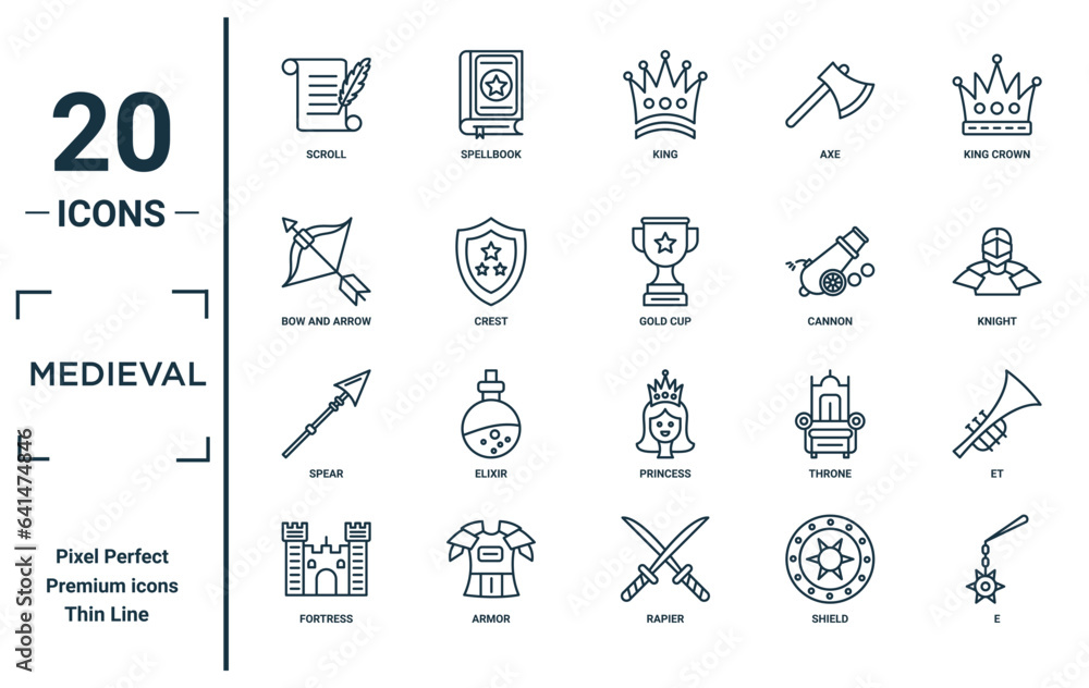 medieval linear icon set. includes thin line scroll, bow and arrow ...