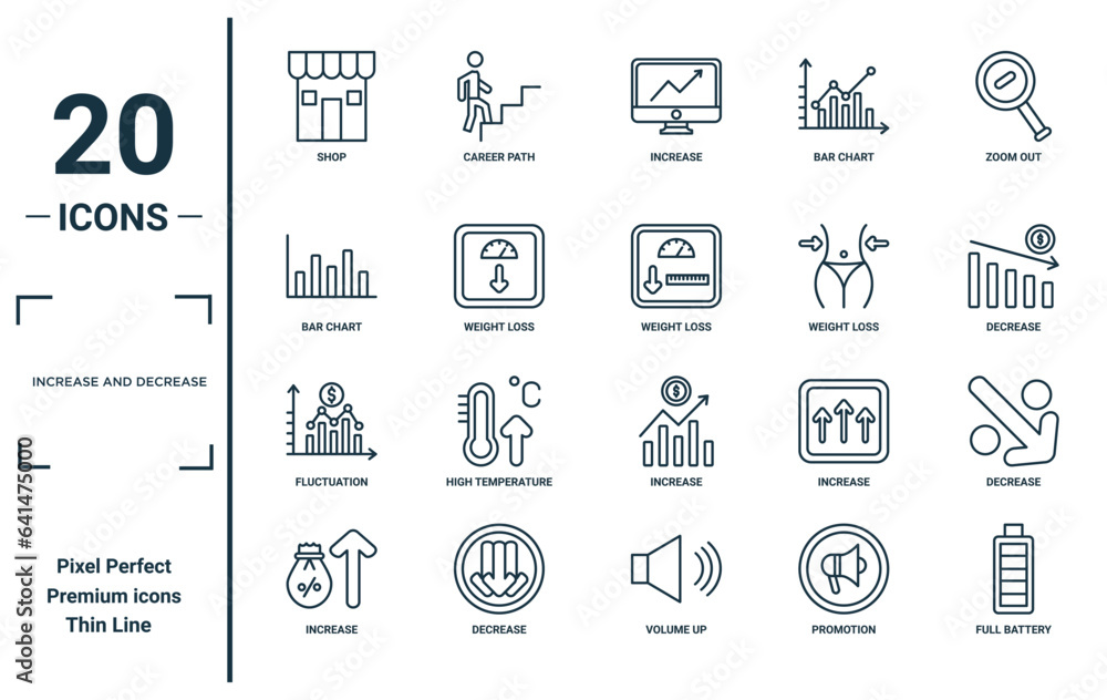 Vetor de increase and decrease linear icon set. includes thin line shop, bar chart, fluctuation ...