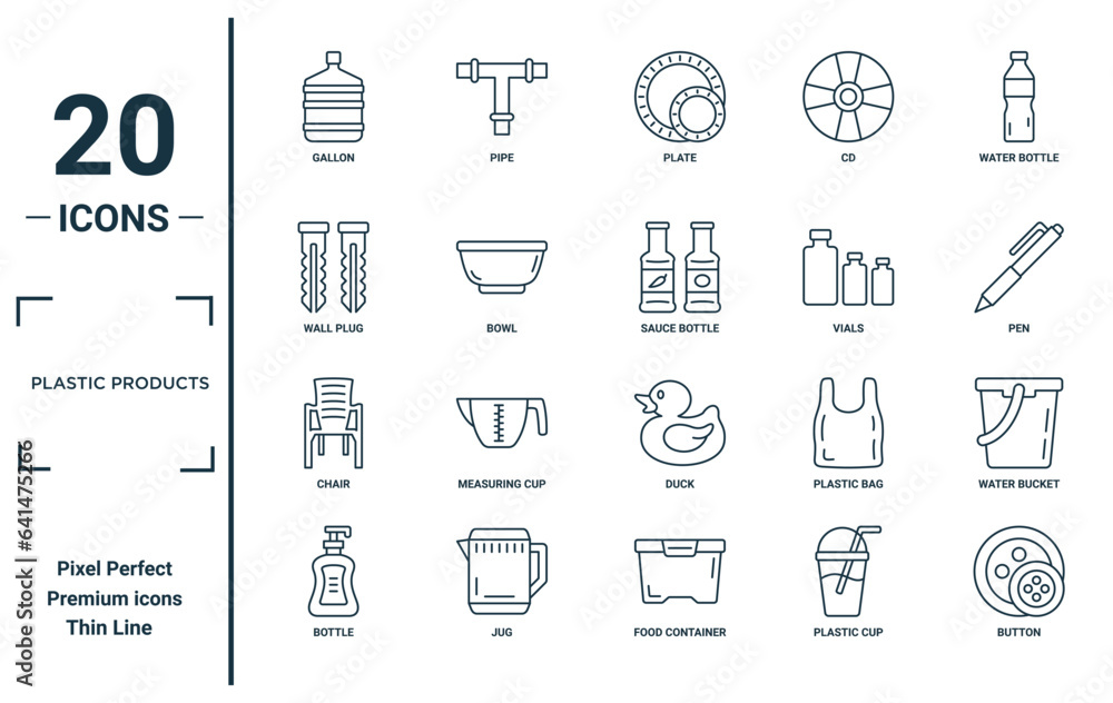 plastic products linear icon set. includes thin line gallon, wall plug ...