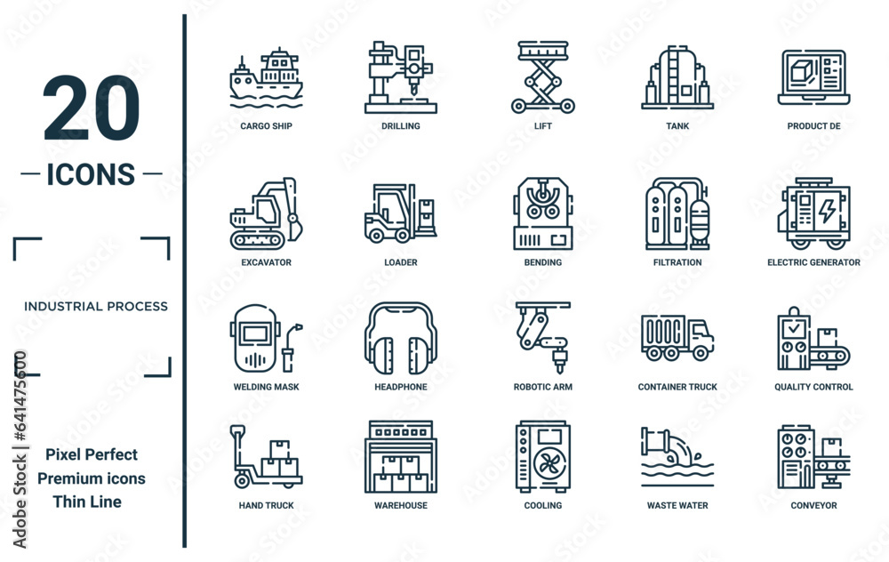 industrial process linear icon set. includes thin line cargo ship ...