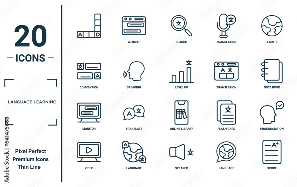 Vetor de language learning linear icon set. includes thin line ...