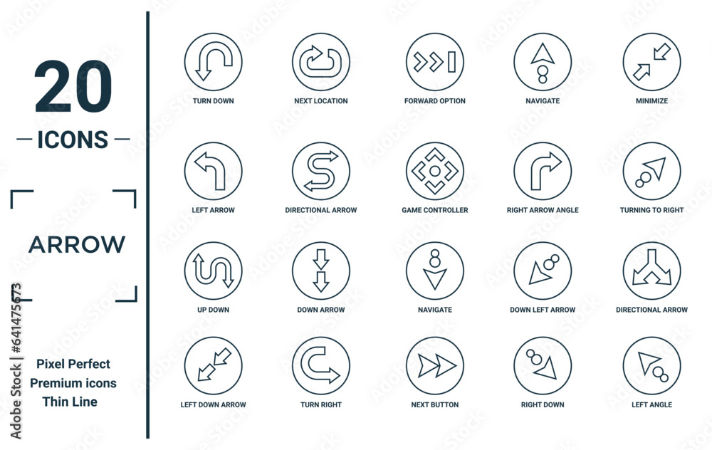 arrow linear icon set. includes thin line turn down, left arrow, up ...