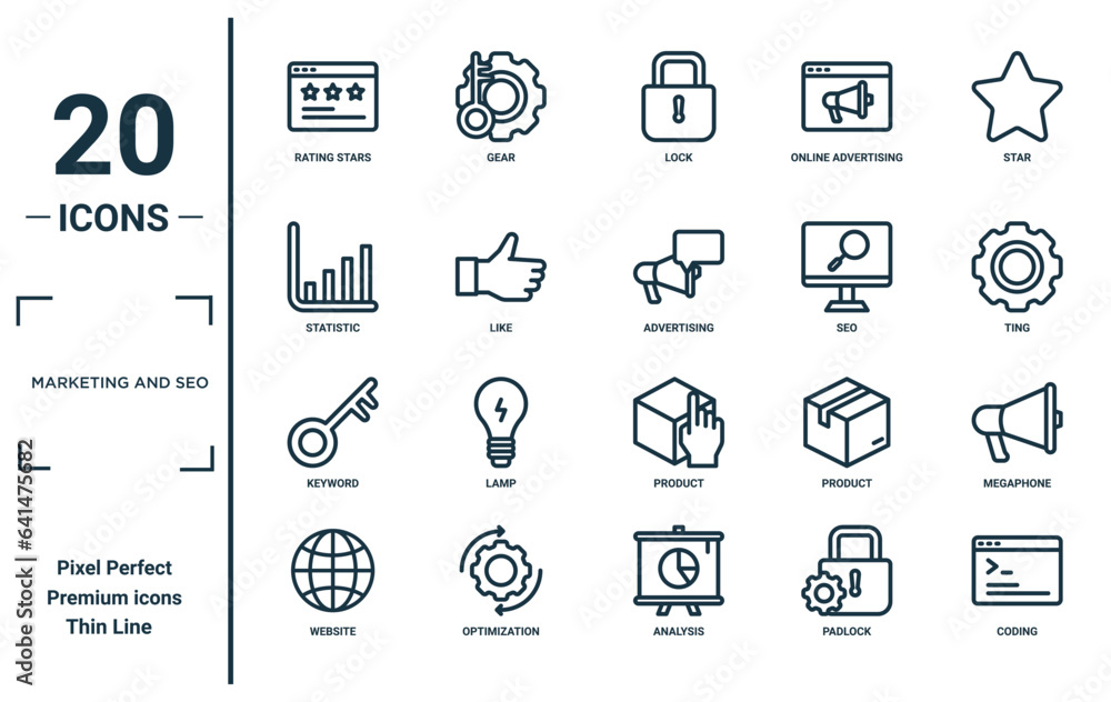 marketing and seo linear icon set. includes thin line rating stars, statistic, keyword, website ...