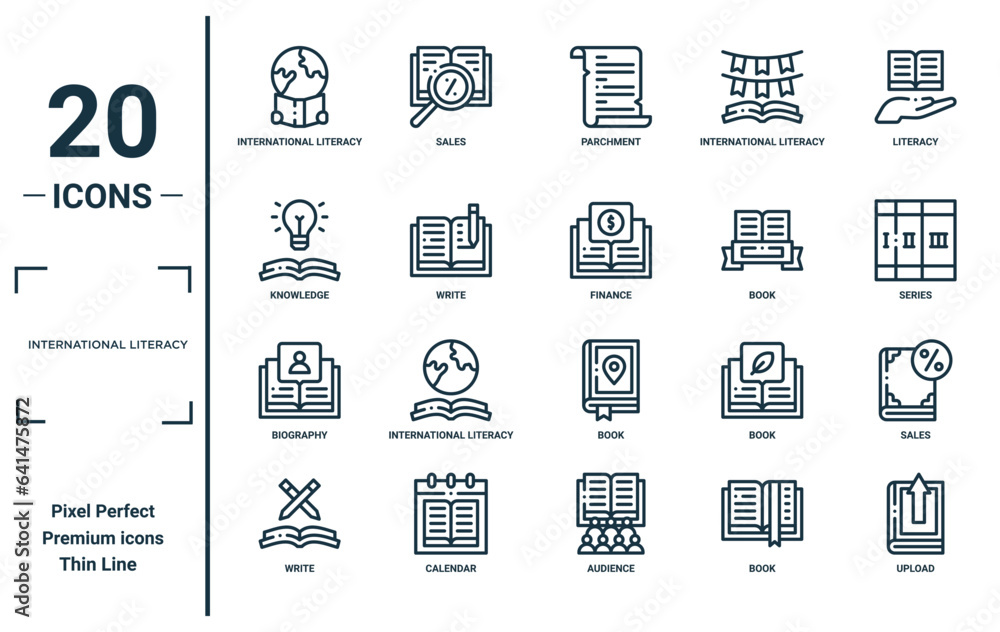 international literacy linear icon set. includes thin line ...