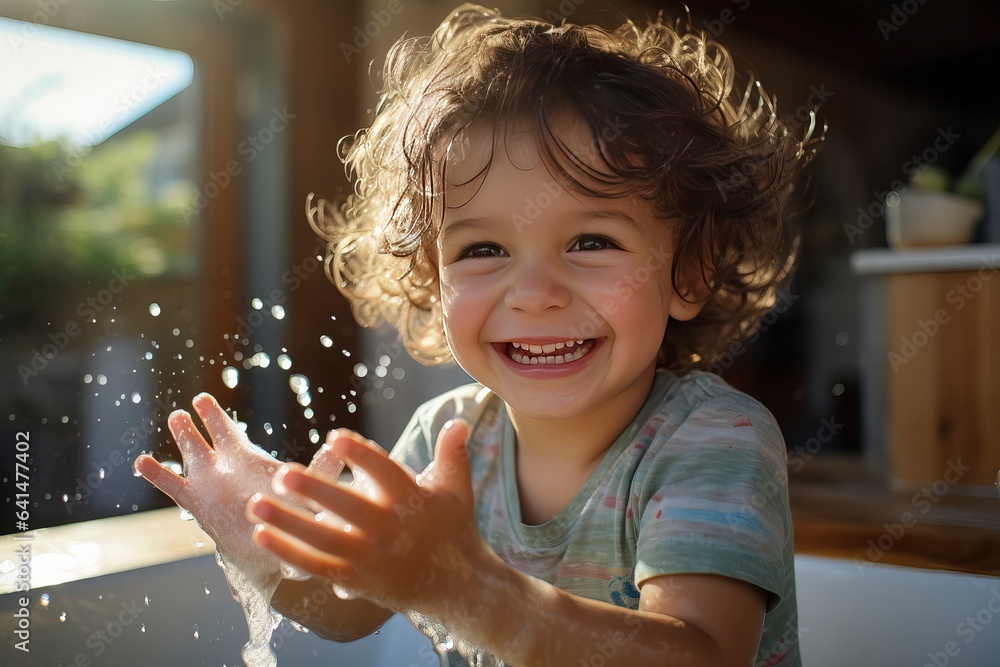 cheerful little child washing his hands, the importance of hygiene ...