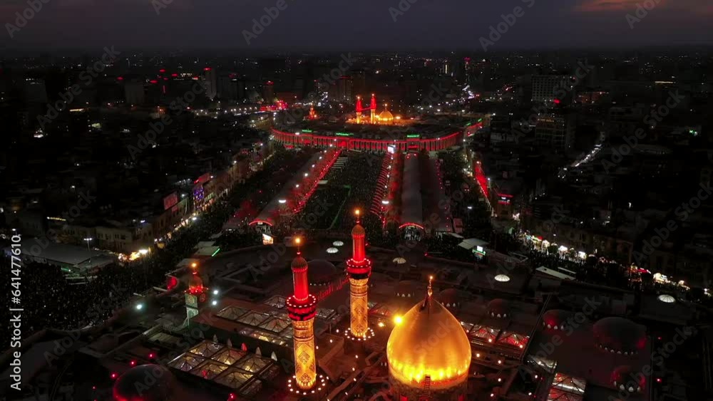 Imam Husayn and Al-Abbas ShrinA night shot by a drone of Shiite ...