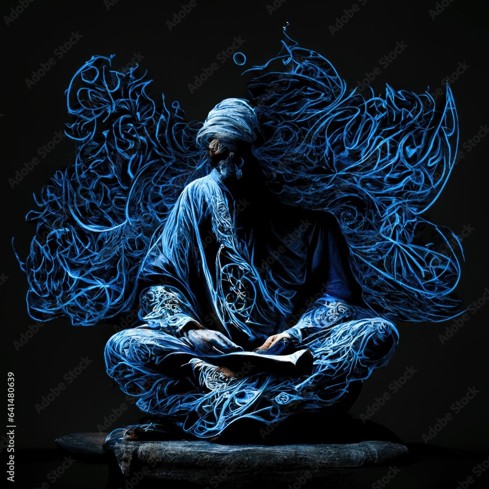 Meditating Captain Pizza Man with Arabic Calligraphy in Crossed Leg ...