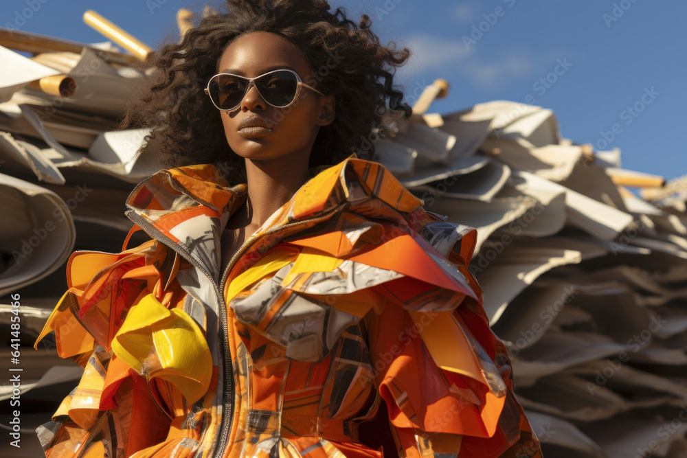 A model wears an outfit composed of upcycled materials, embodying the ...