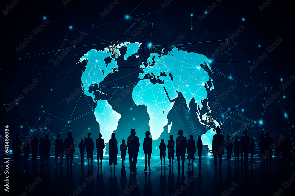 Generative AI illustration of a World map with globe connecting people ...
