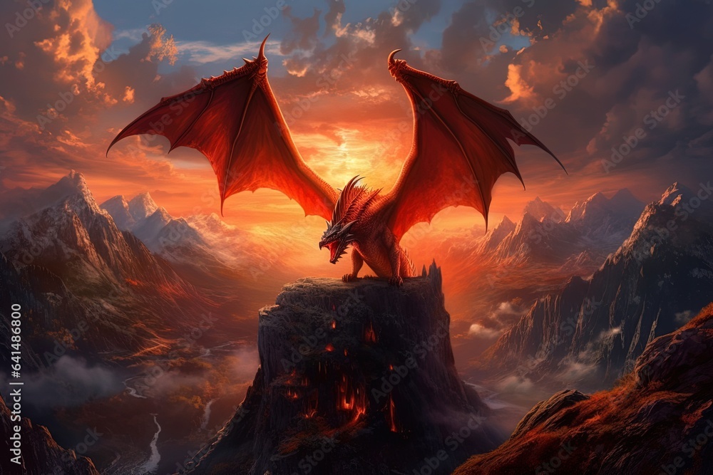 Big angry red dragon spreading its wings on top of a mountain in a ...