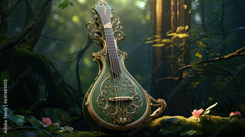 Music concept. Fantasy elven guitar with a forest background and leaves ...