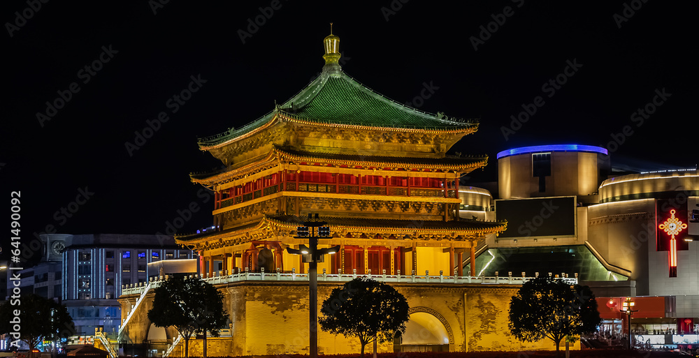 Night scene of illuminated Bell Tower of Xi'an (1384) -is a symbol of ...