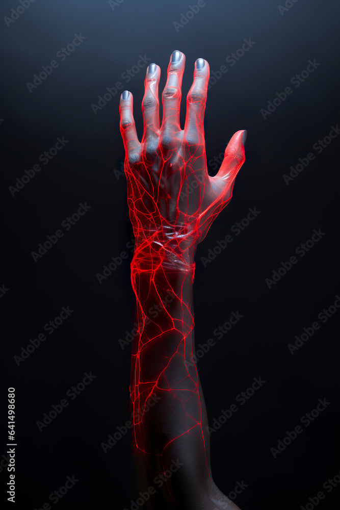 Man's forearm with veins and arteries with alien circulatory system ...