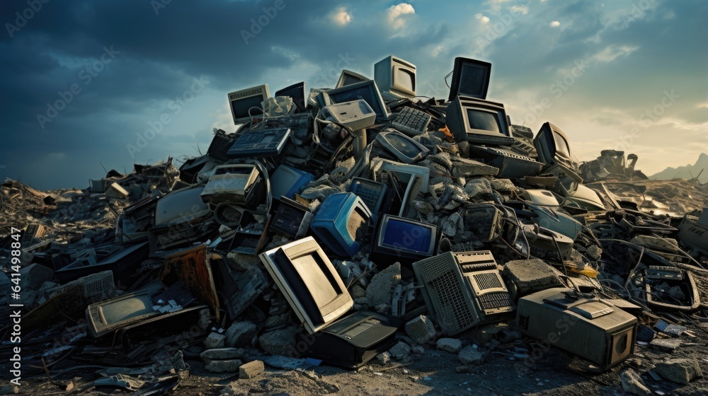electronic waste dumped in a landfill, depicting the issue of e-waste ...