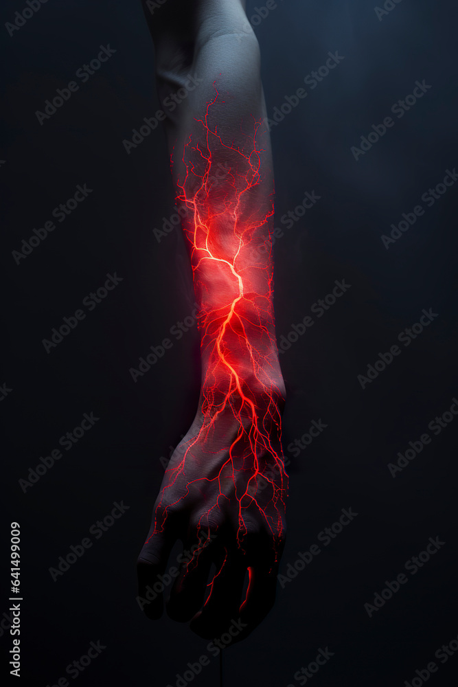 Man's forearm with veins and arteries with alien circulatory system ...