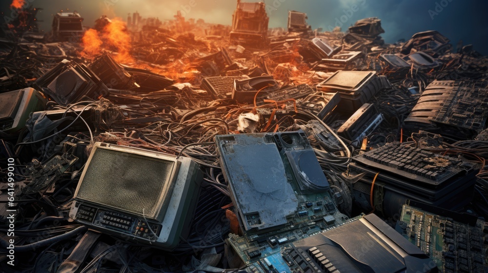 electronic waste dumped in a landfill, depicting the issue of e-waste ...