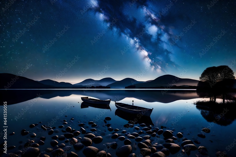 night landscape with moon and clouds, wait lake at night with a faint ...