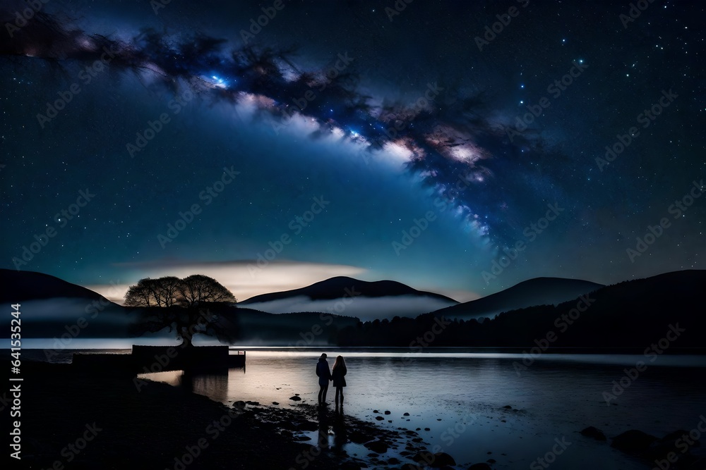night landscape with moon and clouds, wait lake at night with a faint ...