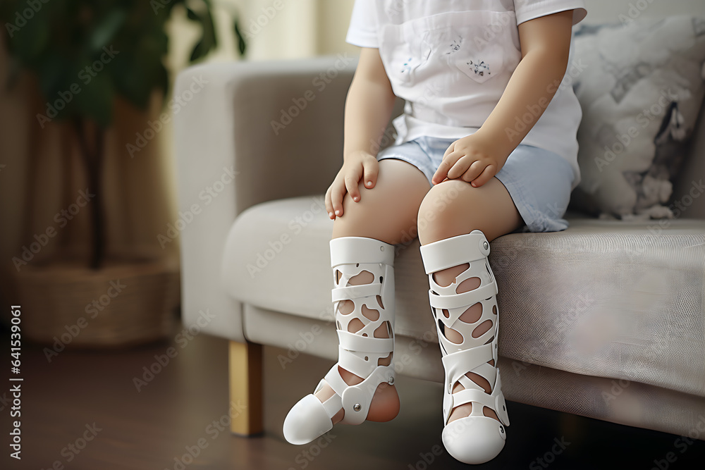 The child has casts on both legs and feet due to a sprain or broken leg ...