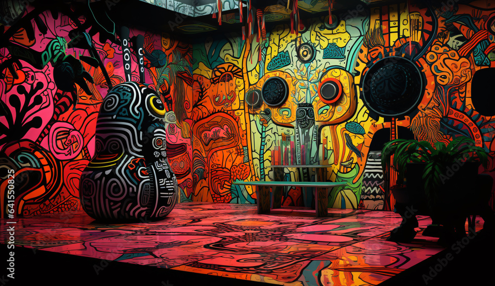 Interior of art room; every wall, floor and surface covered in art ...