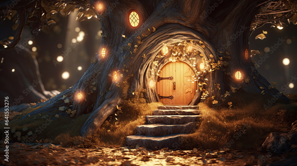 Fantasy fairy tale scenery of a tree house at night in a forest ...