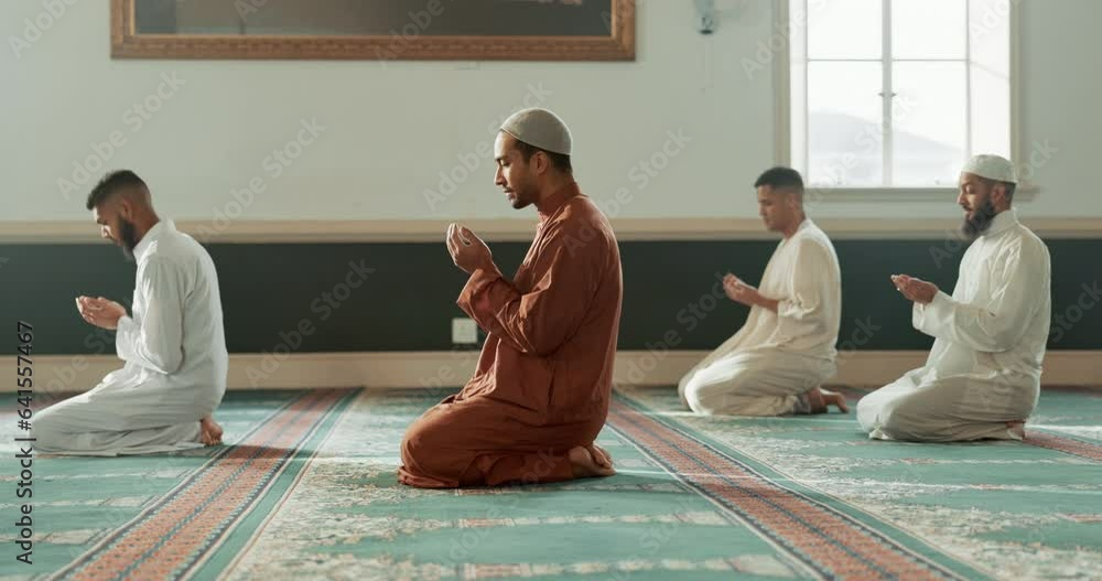 Islamic, praying and holy men in a Mosque for spiritual religion ...