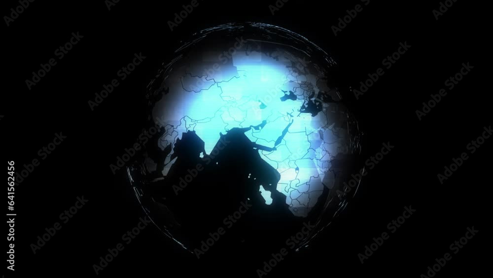 Transparent holographic world map rotates counterclockwise on a black ...