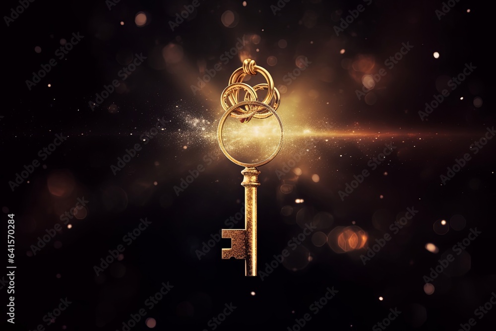 Golden key with glowing lights and dark background, wisdom, wealth, and ...