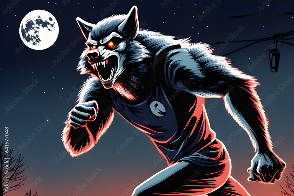 A werewolf in running gear, howling at the moon while running through a ...