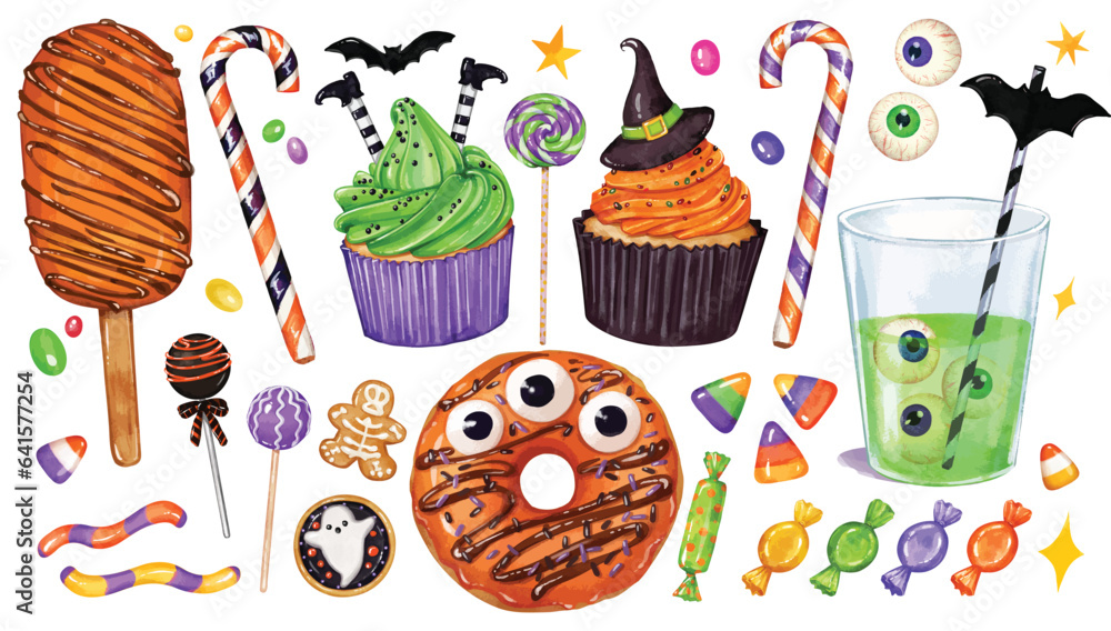 Watercolor Halloween sweets and food isolated elements set. trick and ...