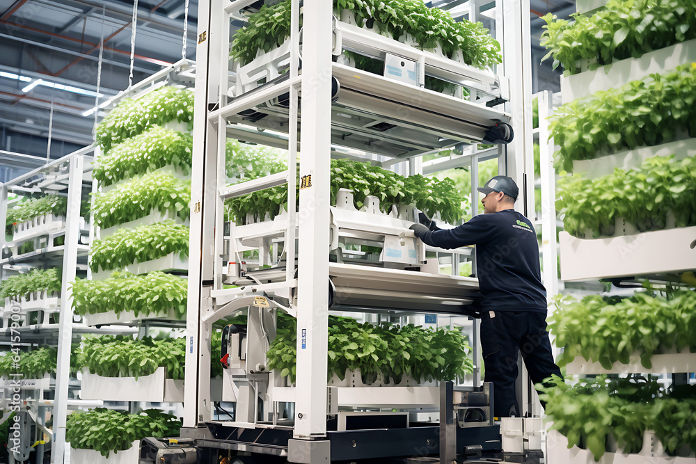 Worker move around the vertical farm on a lift and sort the plants ...