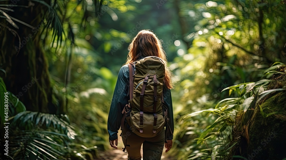 Female hiker, full body, view from behind, walking throuh the ...