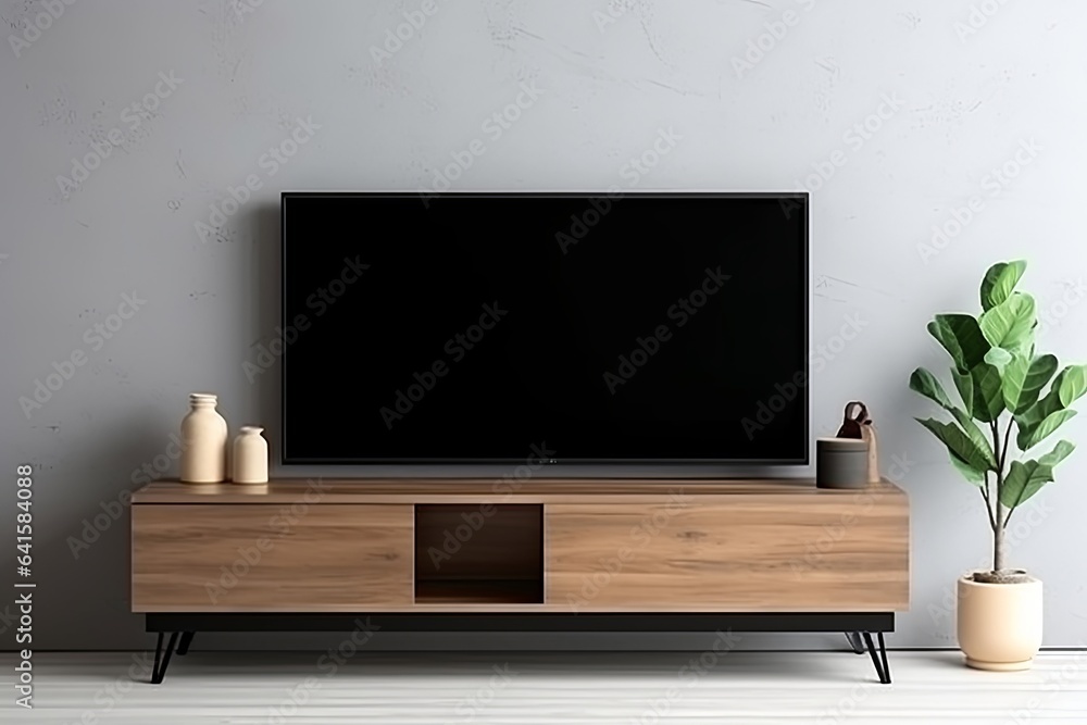 Television put on tv stand wood table, in minimal empty spave room ...