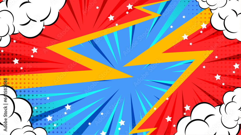 Colorful comic cartoon style frame border background with callout star ...