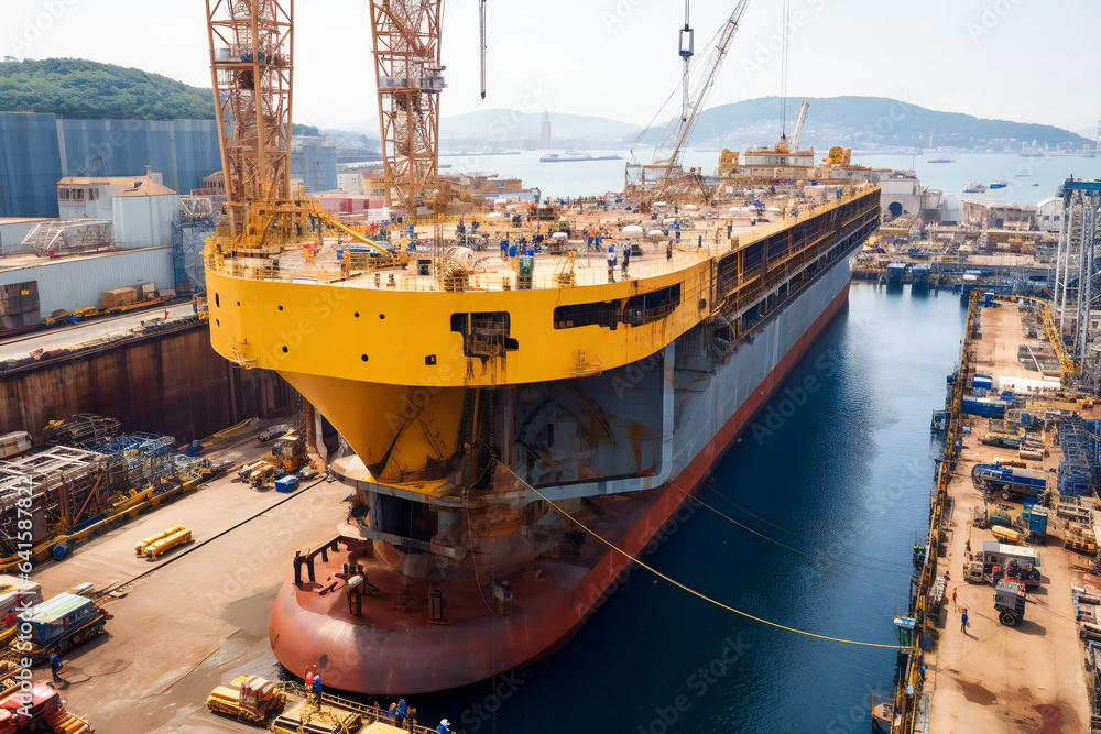 Big ship under construction in shipyard with shipyard workers around ...