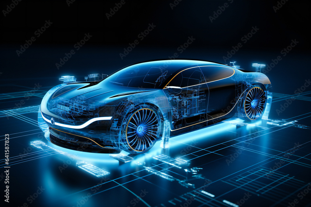 Hologram car with project infographics. Futuristic car designing ...
