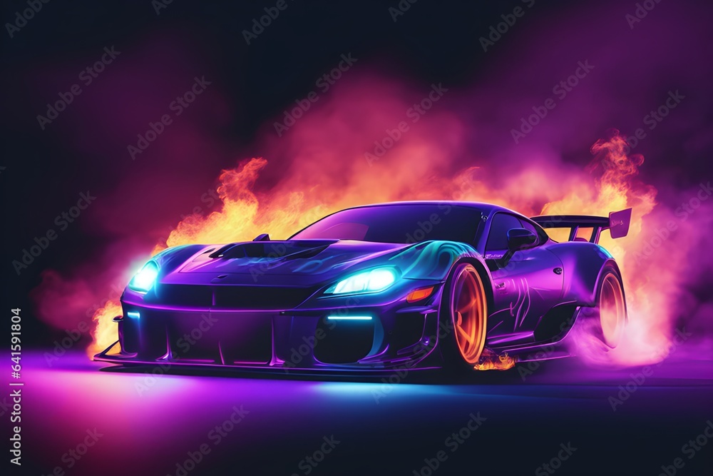 Drifting car on dark black background with red smoke. Car in the smoke ...