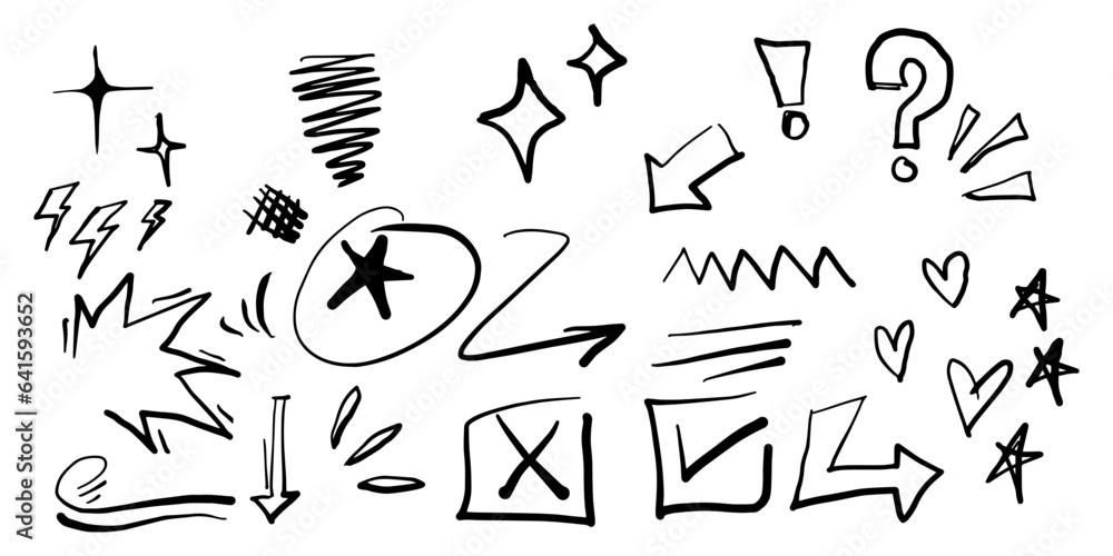 Hand drawn set of doodle emphasis elements. sparkling, flash, star ...