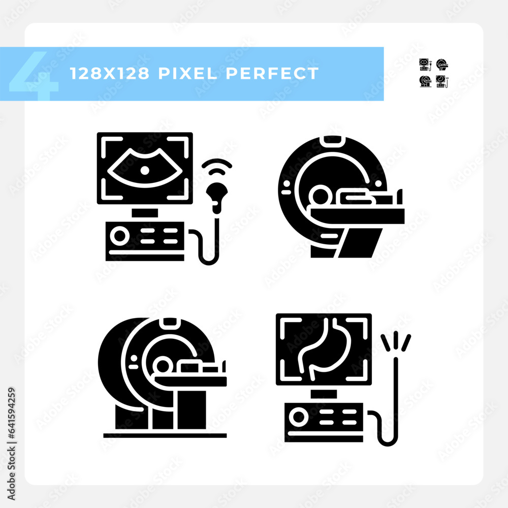 Medical imaging technology pixel perfect black glyph icons set on white ...