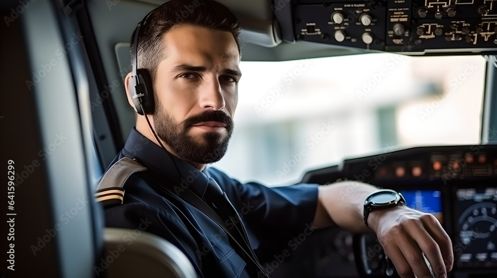 Portrait of handsome cheerful young man pilot with sitting in cockpit ...