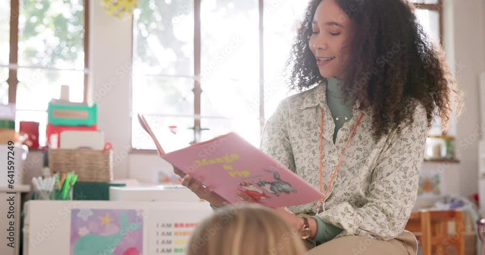 School, kids or teacher reading book for learning, child development or ...