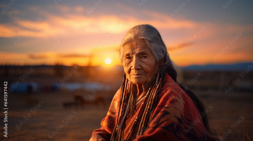 Old senior native american woman close-up portrait with wrinkles skin ...