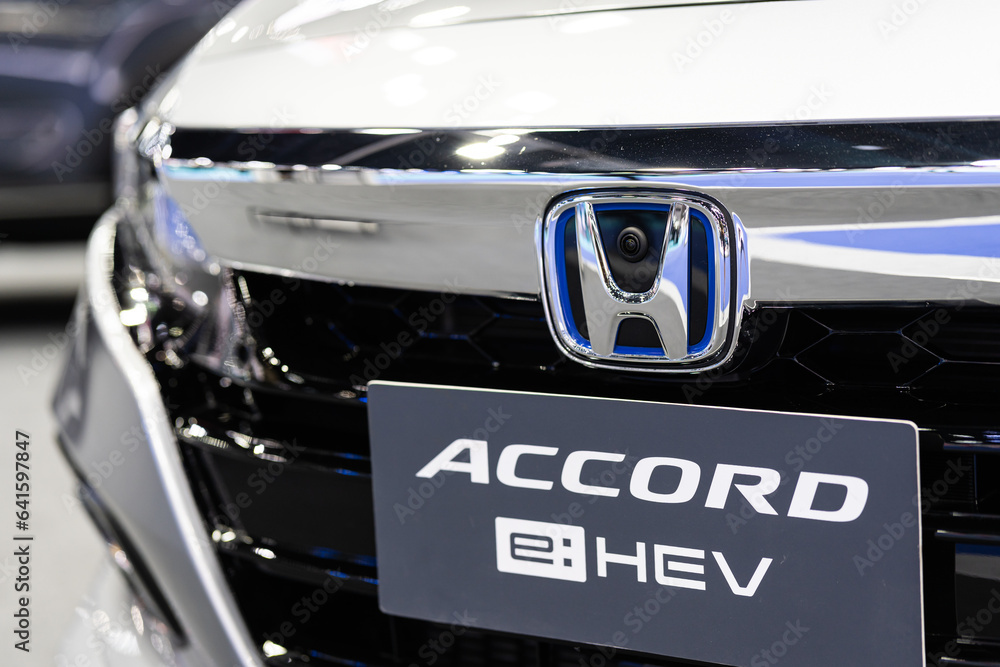 Bangkok Thailand AUG 29 2023: Honda logo in front of Honda Accord eHEV ...