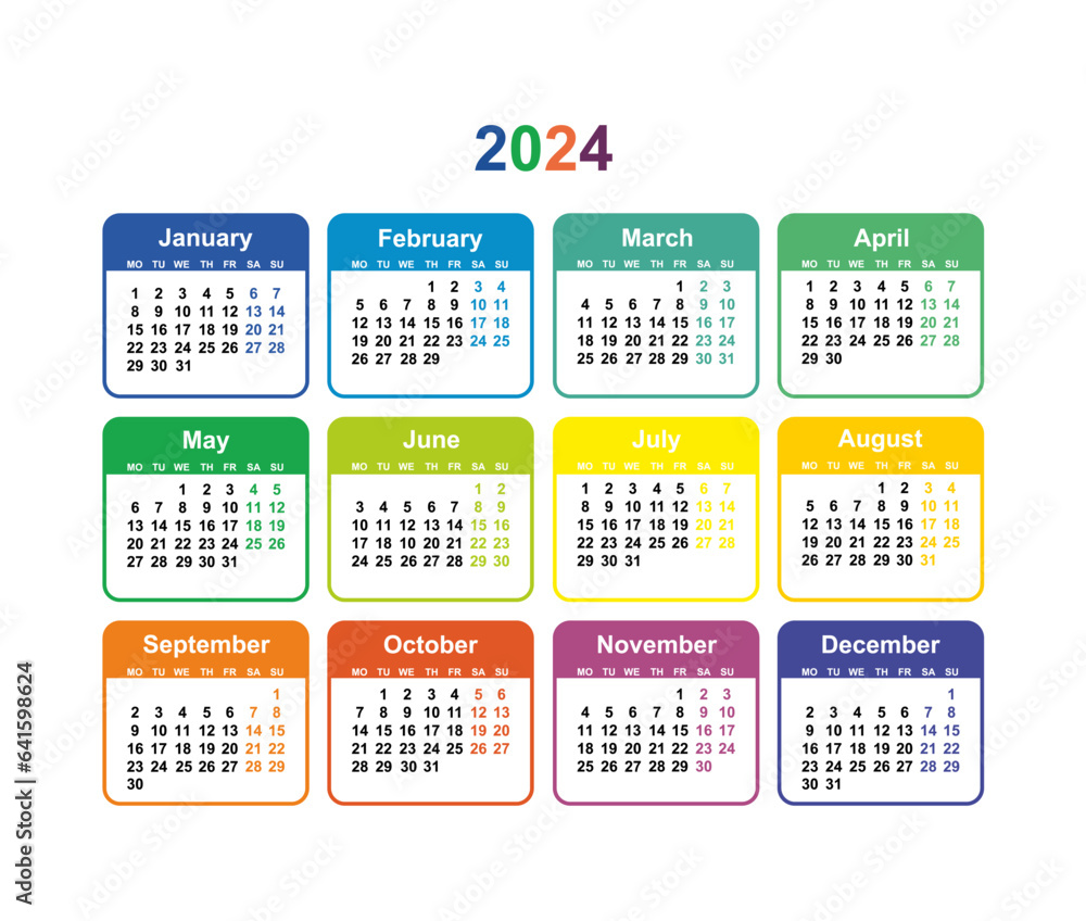 Calendar grid 2024 colorful vector Simple layout of pocket or wall ...