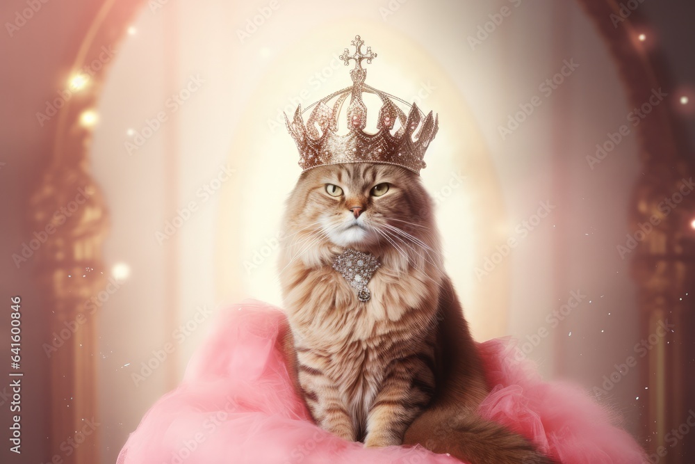 Cat in a princess pink costume portrait as a historical funny portrait ...