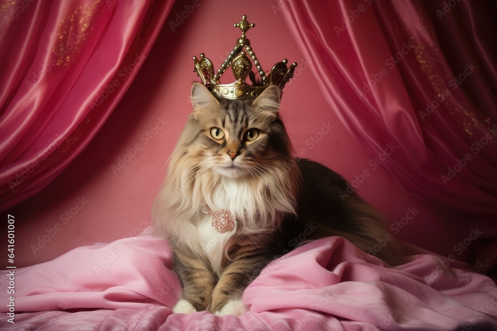 Cat in a princess pink costume portrait as a historical funny portrait ...